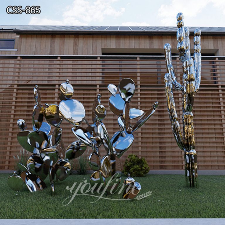 Large Metal Cactus Sculpture Mirror Polished Art - YouFine Sculpture