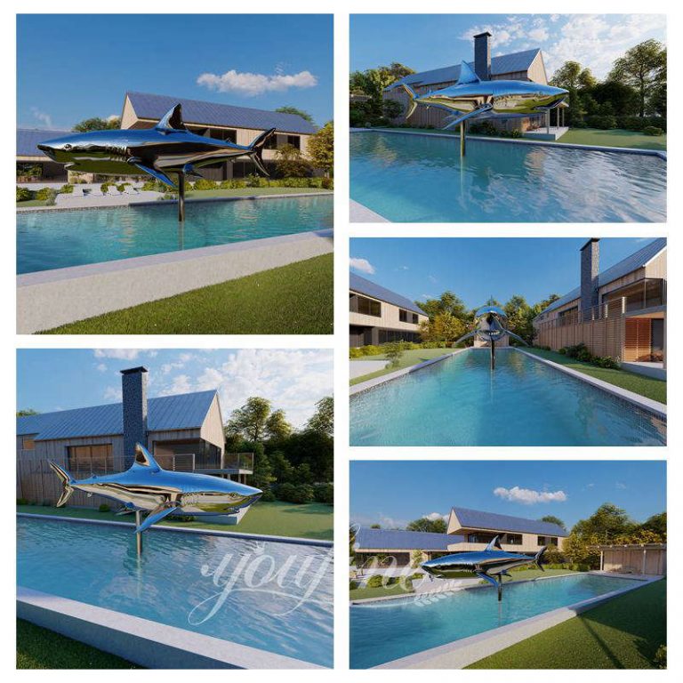 Polished Metal Shark Sculpture Water Feature - Stainless Steel Sculpture
