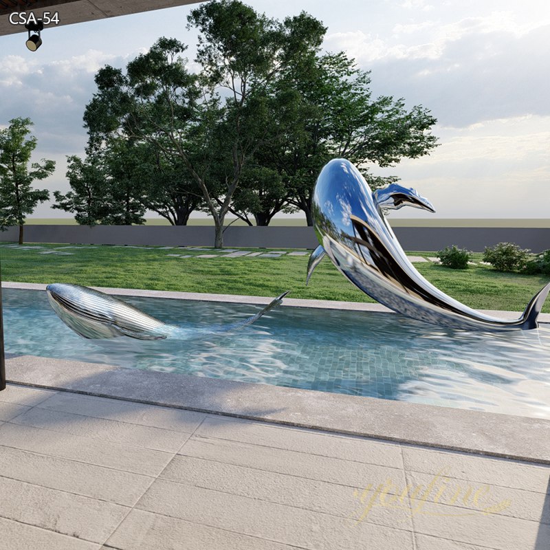 Modern Polished Stainless Steel Whale Sculpture Poolside Decor