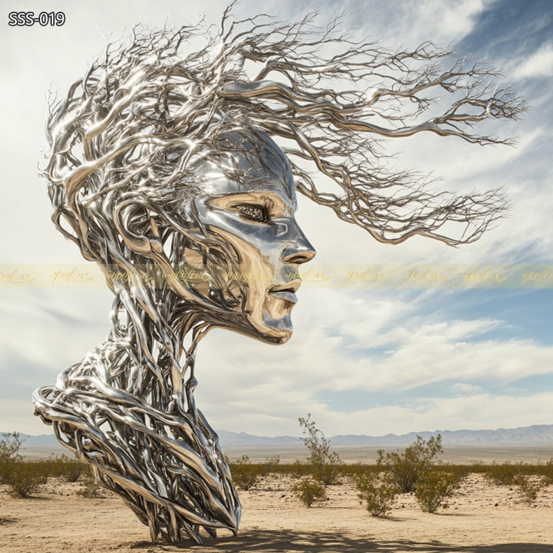 Hyperrealistic Stainless Steel Female Statue for Desert