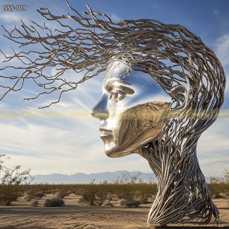 Hyperrealistic Stainless Steel Female Statue for Desert