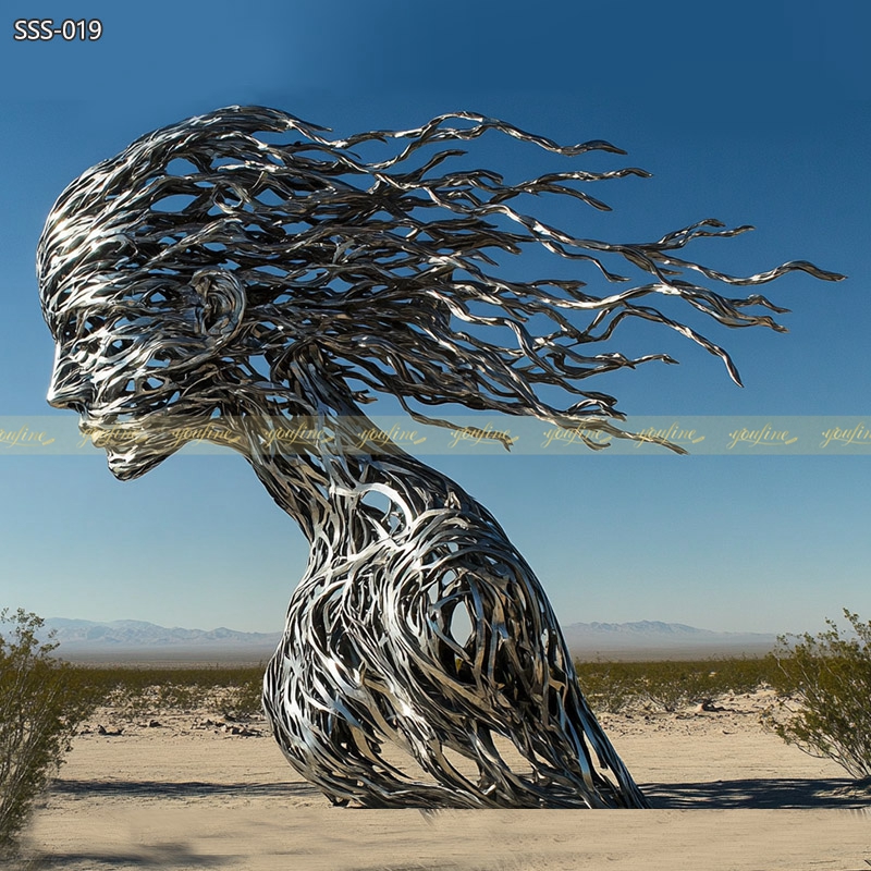 Hyperrealistic Stainless Steel Female Statue for Desert