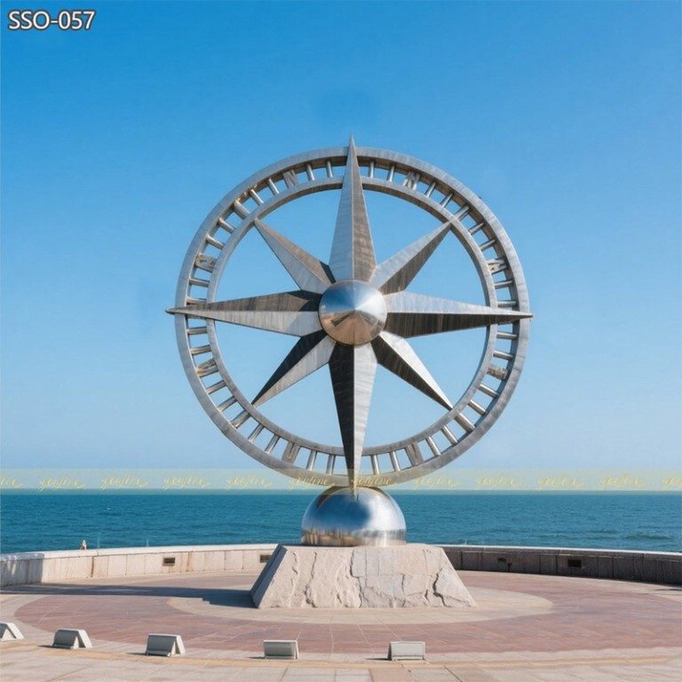 Large Outdoor Stainless Steel Nautical Compass Sculpture